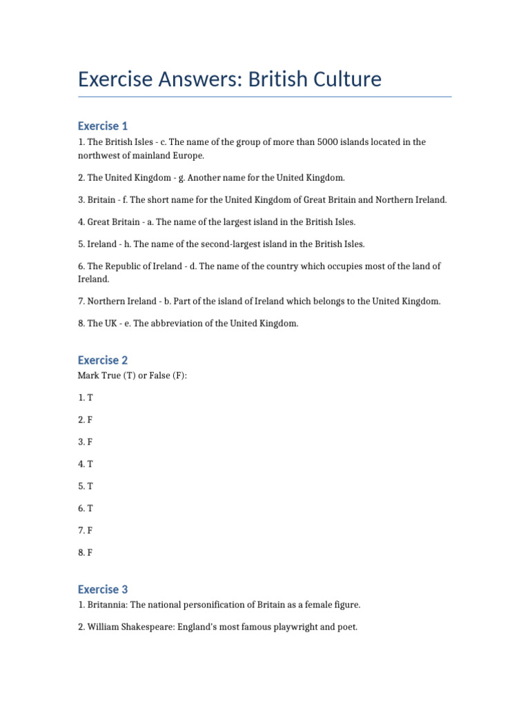 British Culture Exercises Answers | PDF