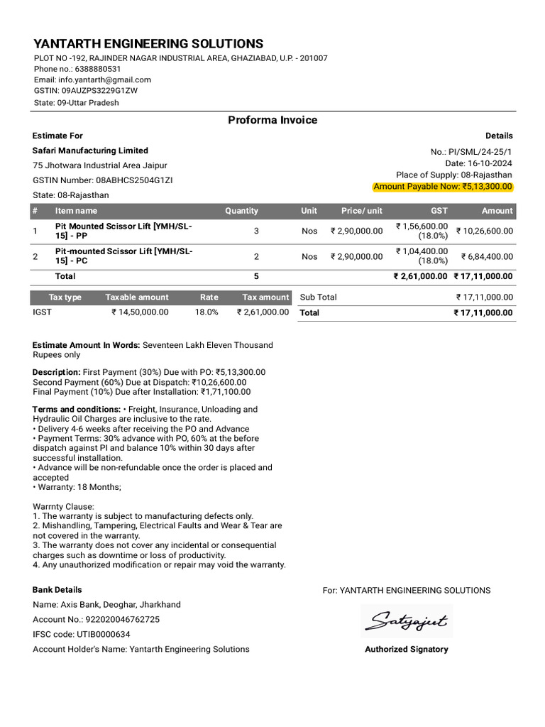 Proforma Invoice for Scissor Lifts | PDF | Taxes | Payments