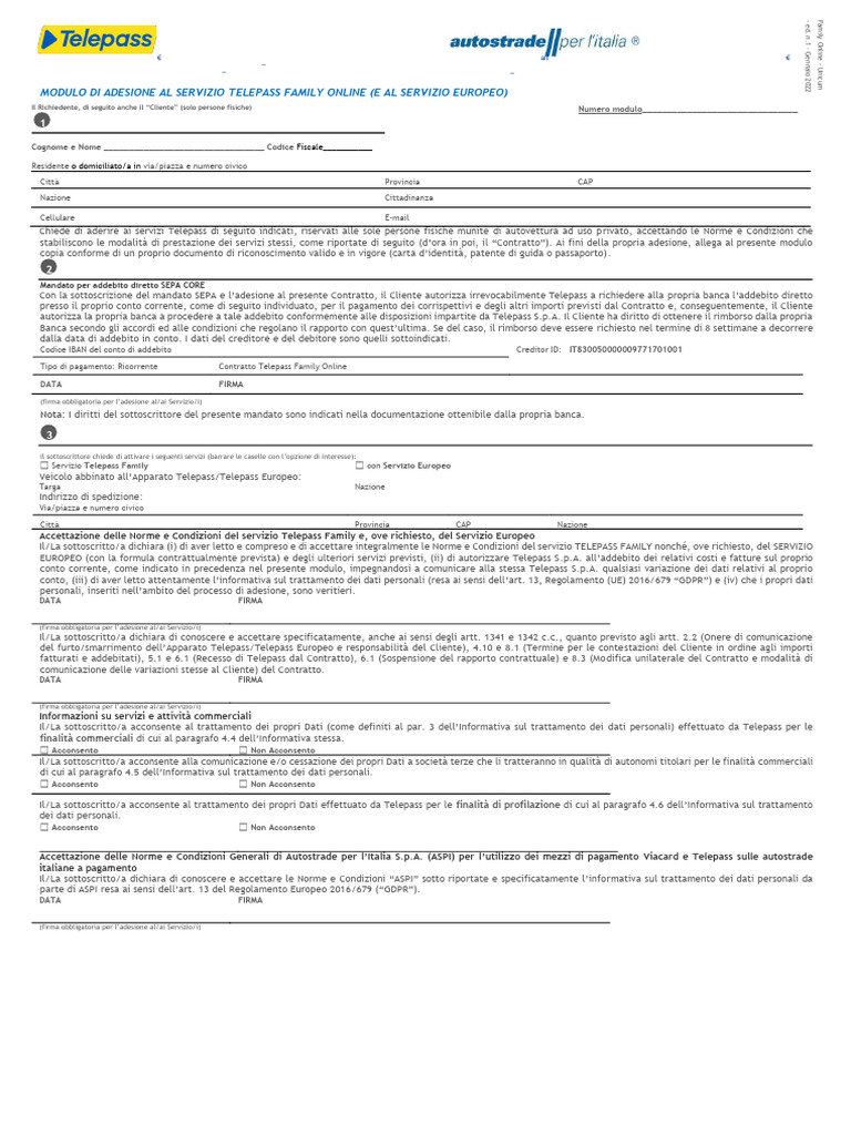 Modulo Adesione Telepass Family | PDF