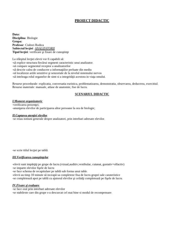 PROIECT DIDACTIC - Analizatorii La General. 2 | PDF