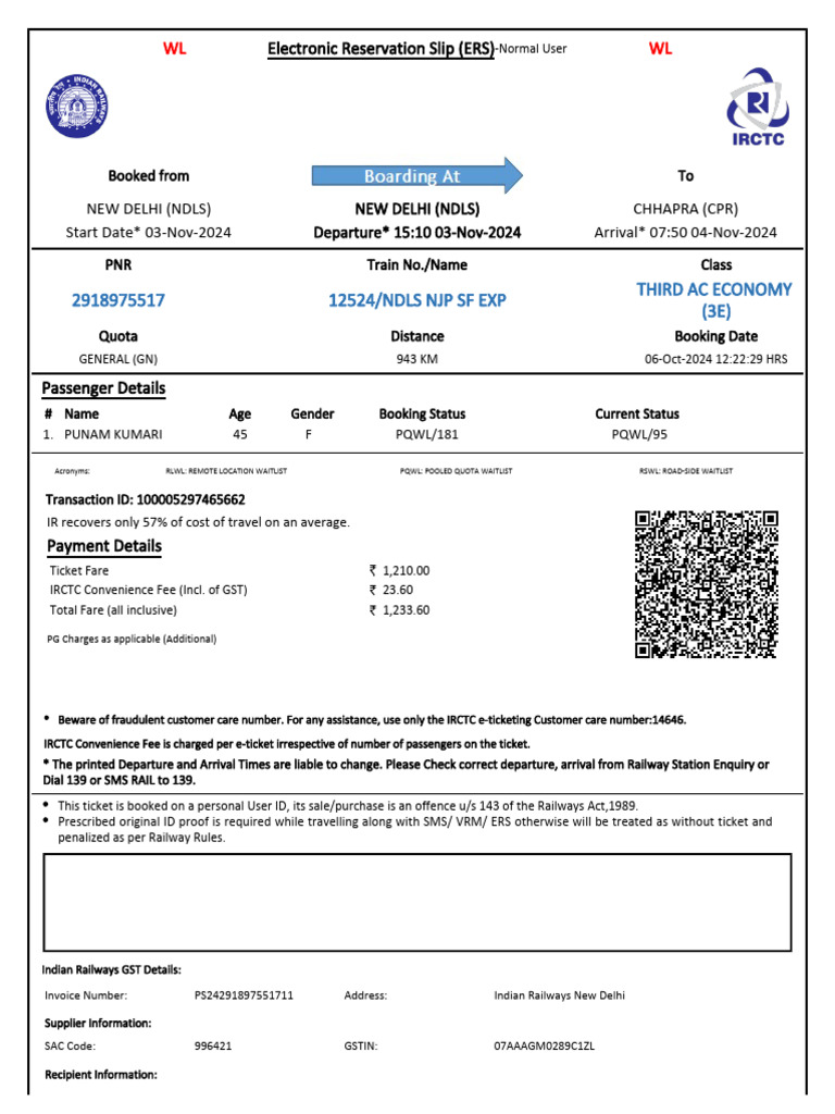 12524/Ndls NJP SF Exp Third Ac Economy (3E) : WL WL | PDF