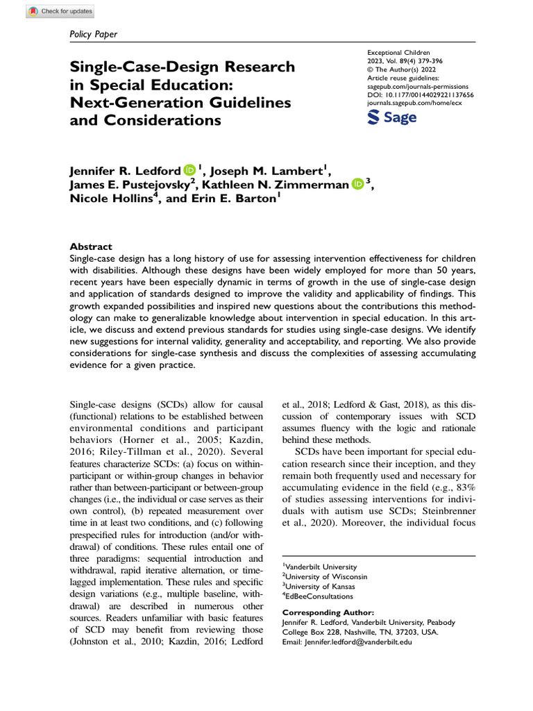 Ledford Et Al 2022 Single Case Design Research in Special Education Next Generation Guidelines ...