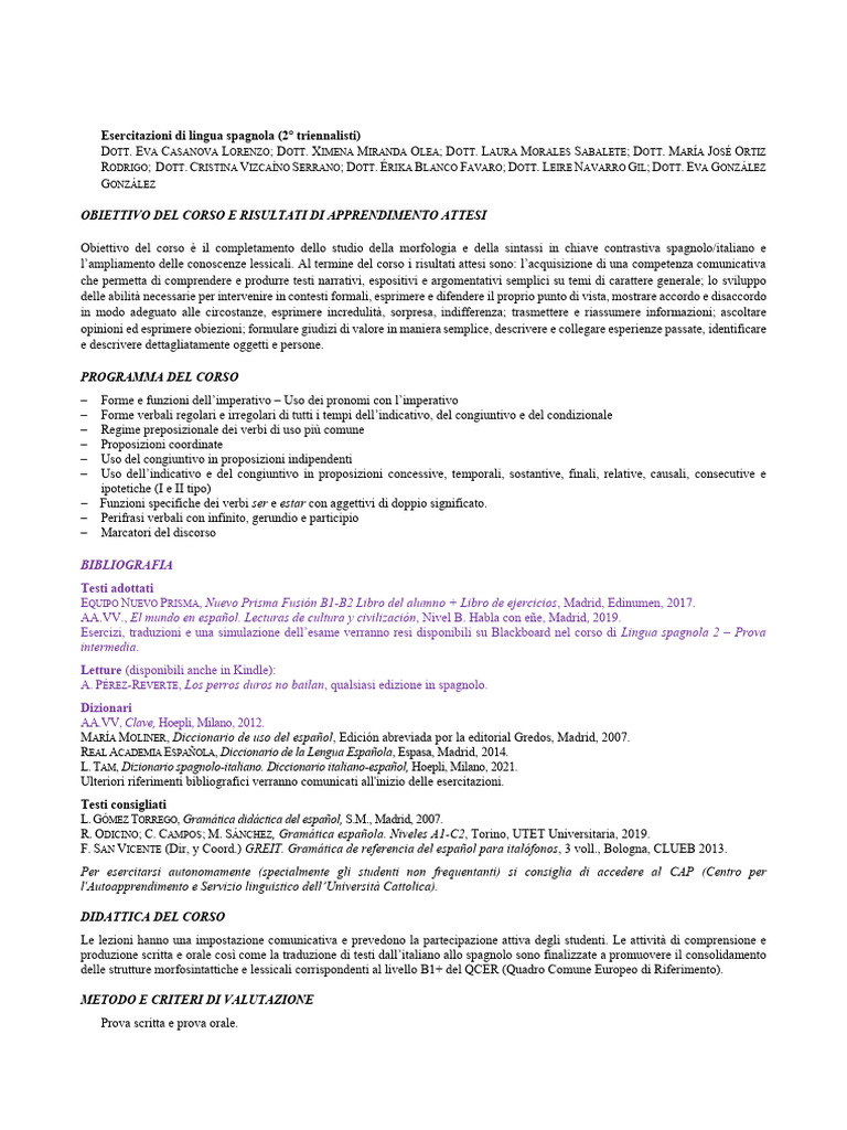 Progr Esercitaz Lingua Spagnola 3LT 2024 2025 | PDF