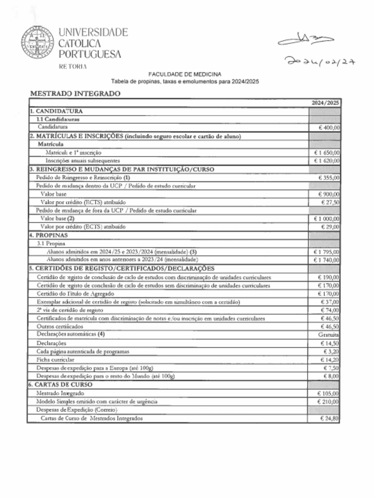 Católica Portuguesa-Tabela-De-Propinas-2024-2025 | PDF