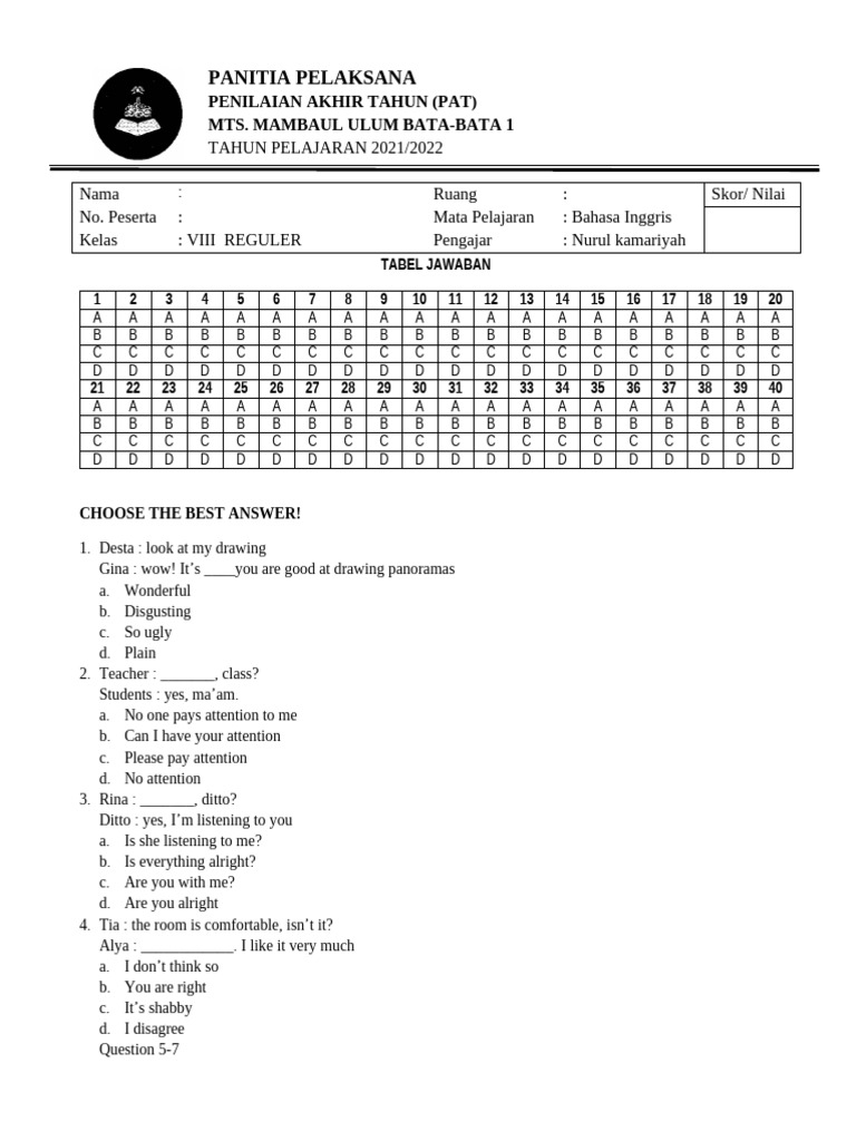 Pas BHS Inggris Gasal 8,9 Reg | PDF