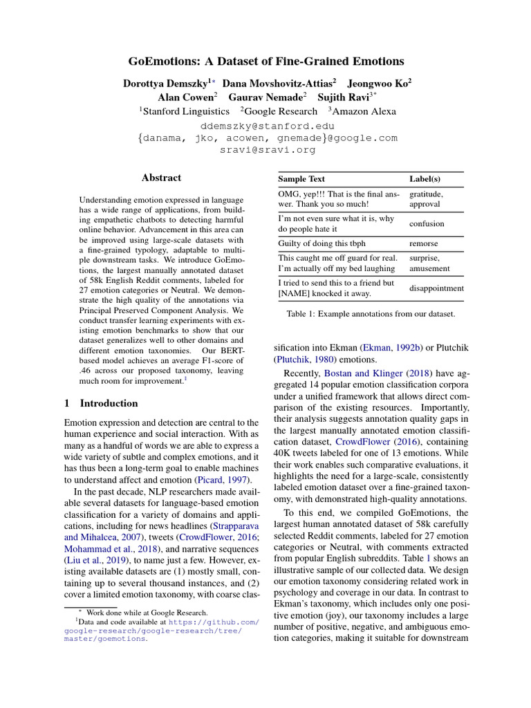 GoEmotions Dataset Paper | PDF | Emotions | Psychology