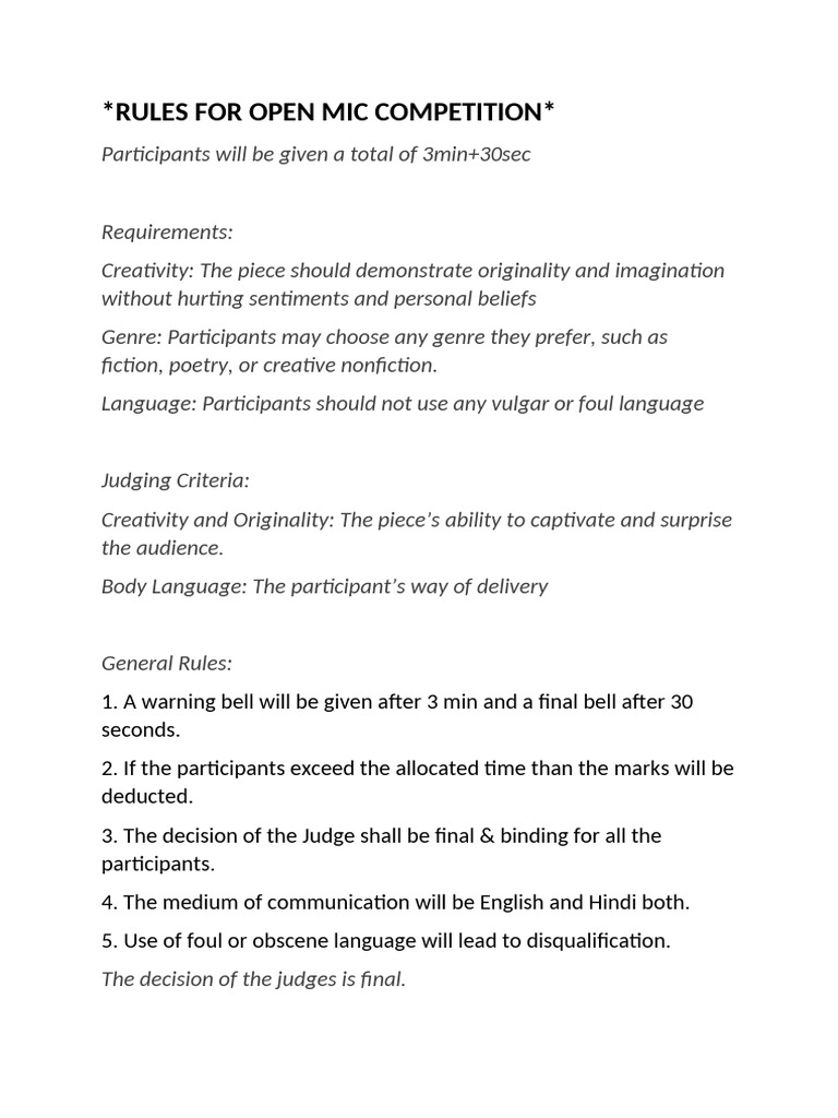 Rules For Open Mic Competition | PDF