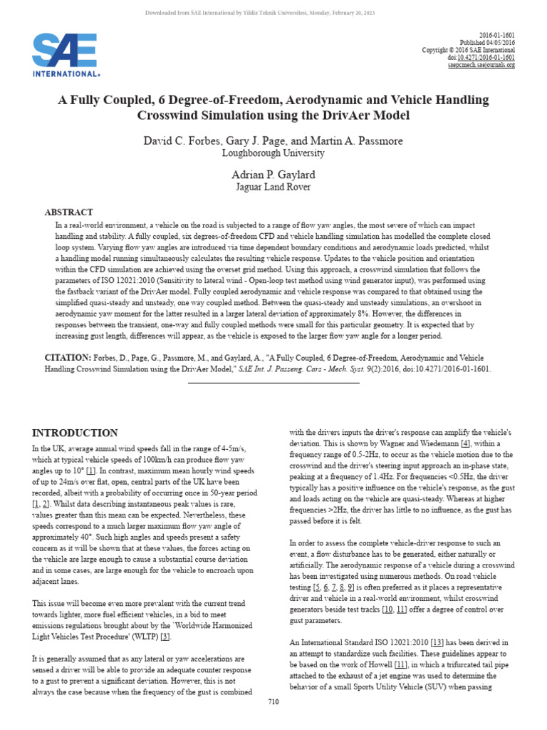 A Fully Coupled, 6 Degree-Of-Freedom, Aerodynamic and Vehicle Handling ...