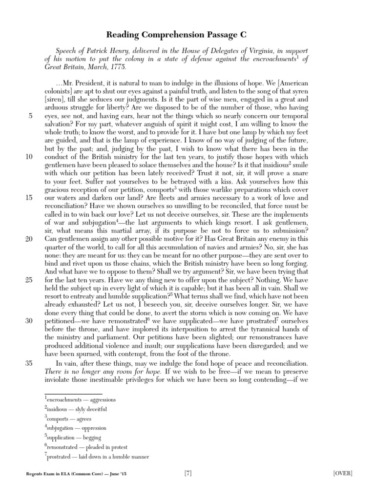 Patrick Henry Regents Questions With Correct Line Numbers | PDF