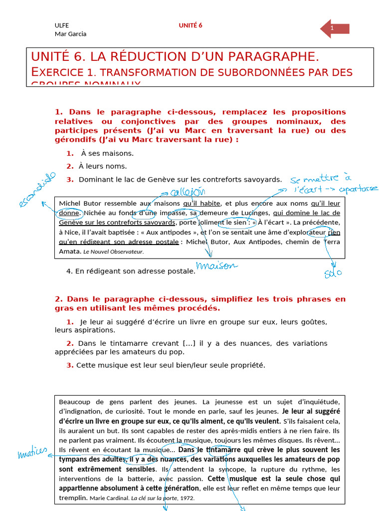 Ulfe 22 23. Unité 6. La Réduction Dun Paragraphe. Exercice 1 | PDF