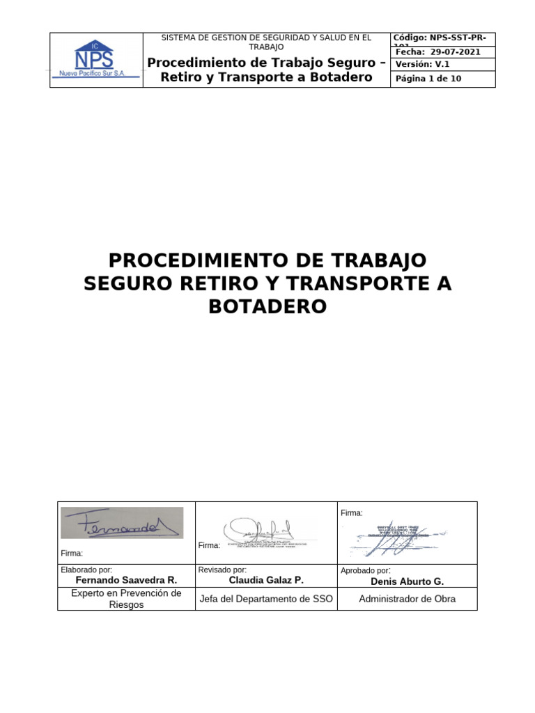 NPS-SST-PR-101-Procedimiento de Trabajo Seguro-Retiro y Trasporte A ...
