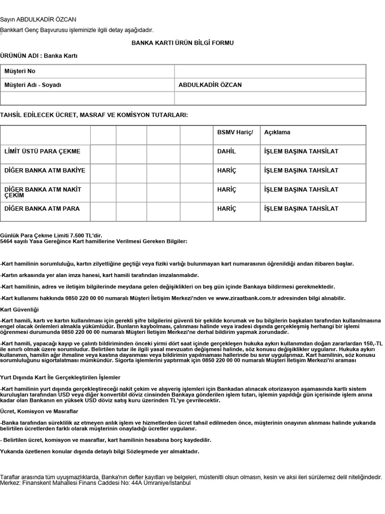 Banka Kartı Urun Bilgi Formu | PDF
