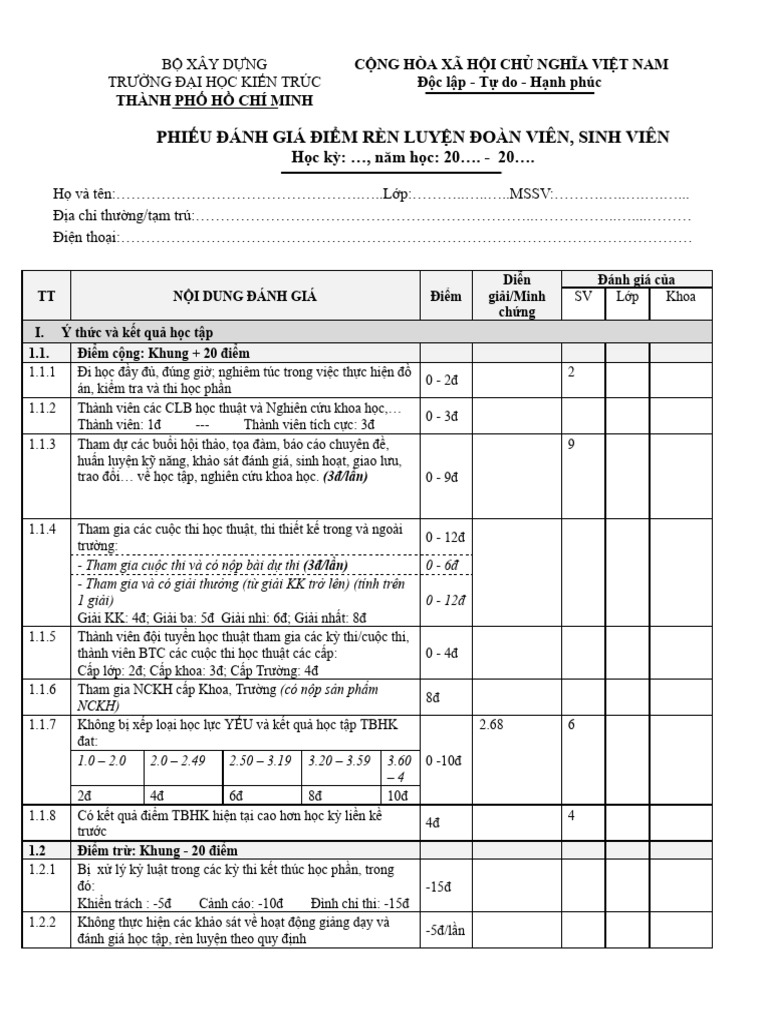 m1 - Phieu Diem Ren Luyen | PDF