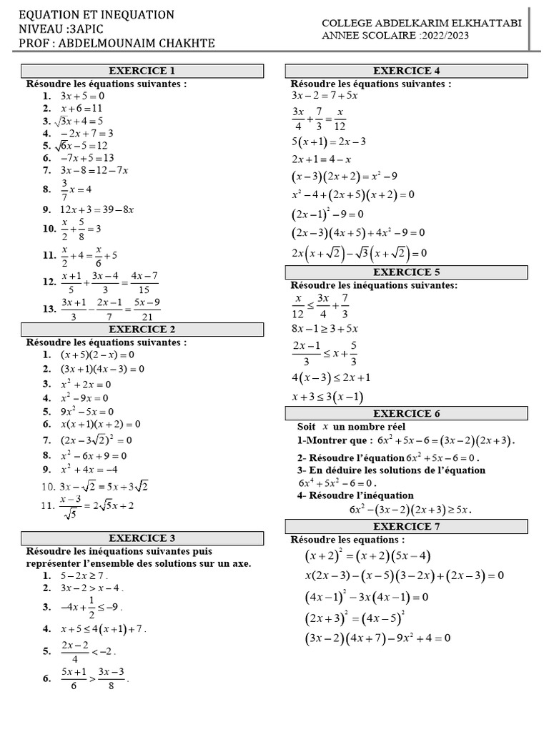 SERIE Équ Et Inequ Probleme S 2 3APIC | PDF