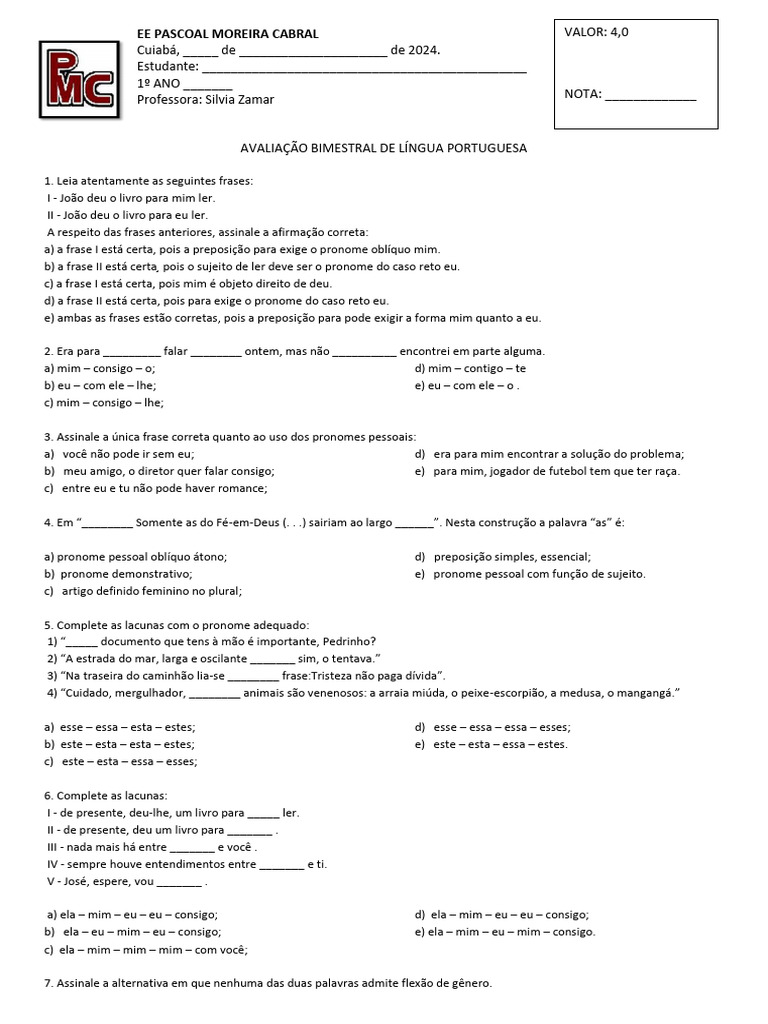 Aval 1anos - Portugues | PDF | Pronome | Linguística