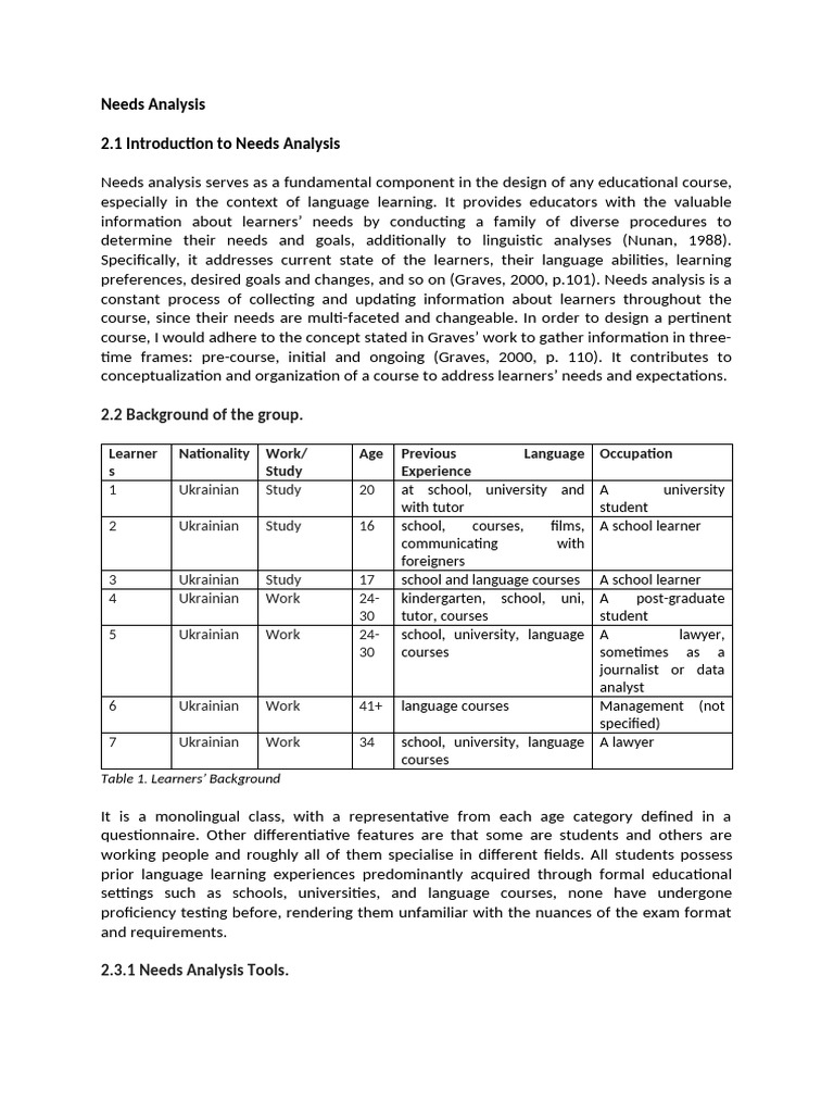 Needs Analysis | PDF