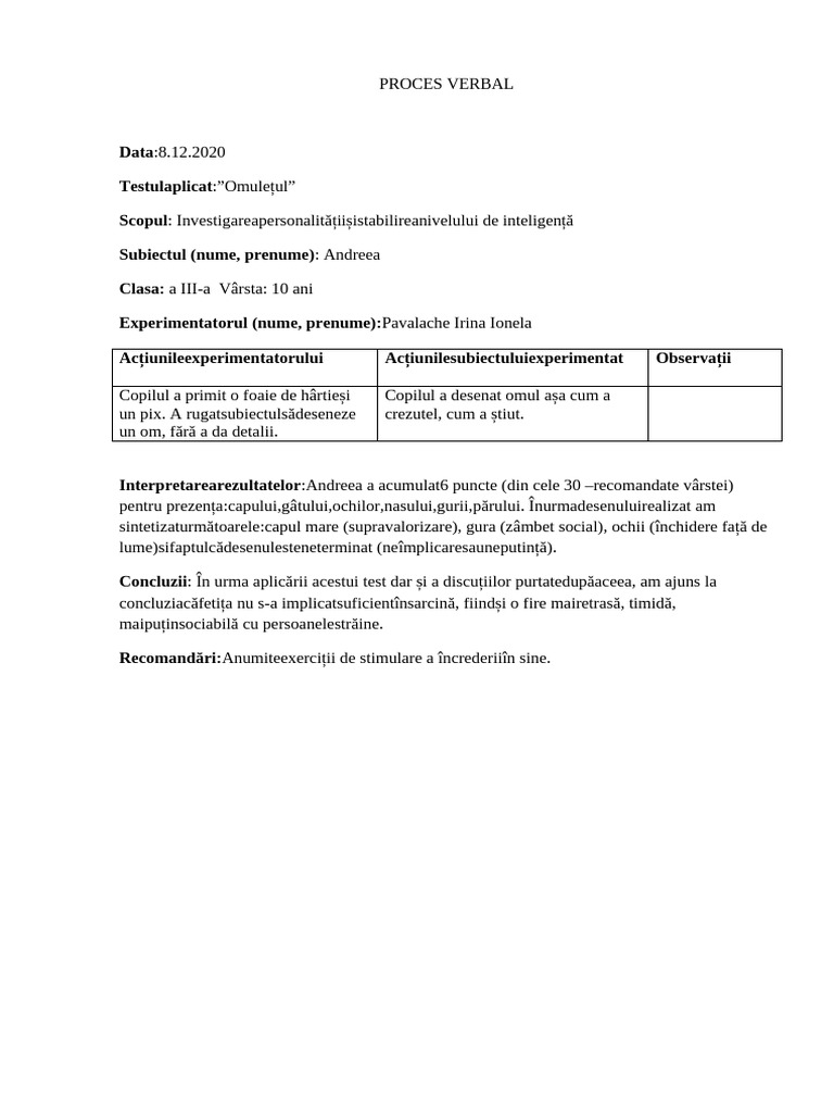 Model PROCES VERBAL Evaluarea Psihologica | PDF