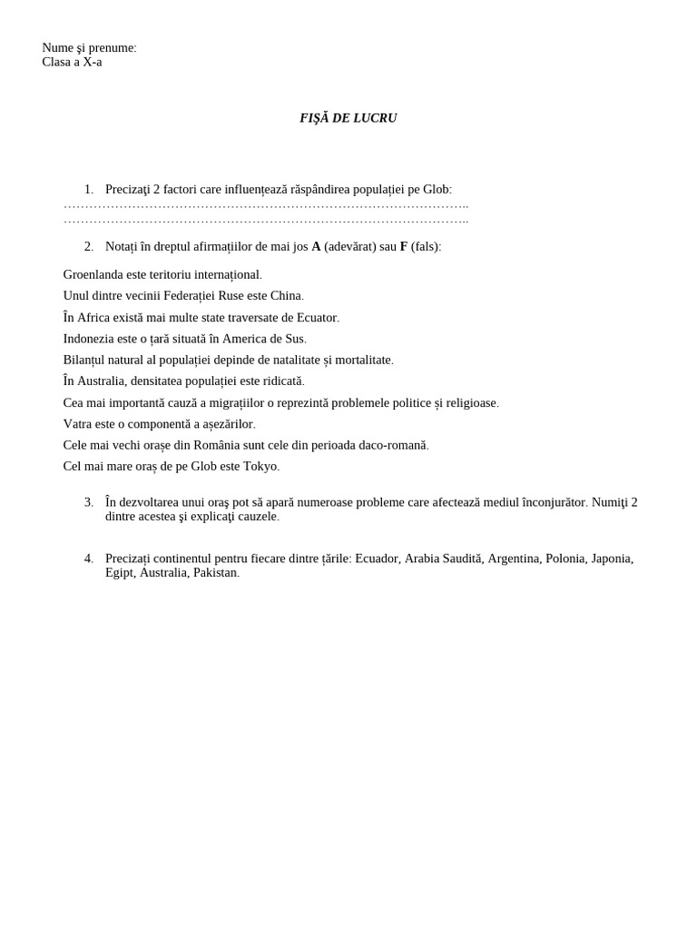 Fisa de Lucru X Harta Politica Populatie Asezari | PDF