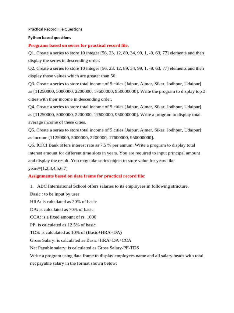 Practical Record File Questions for Session 2024-25 | PDF