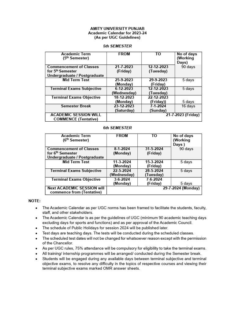 Amity University Punjab 2023-24 Calendar | PDF | Academic Term | Academia