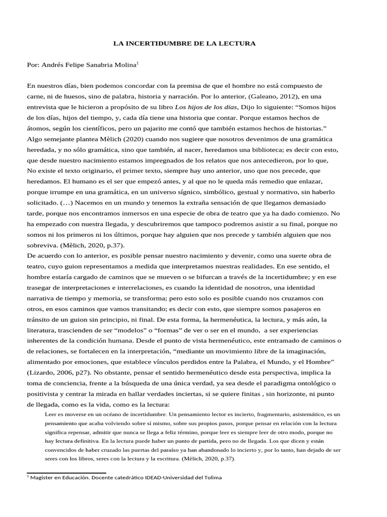 La Incertidumbre de La Lectura | PDF | Hermenéutica | Ciencias sociales