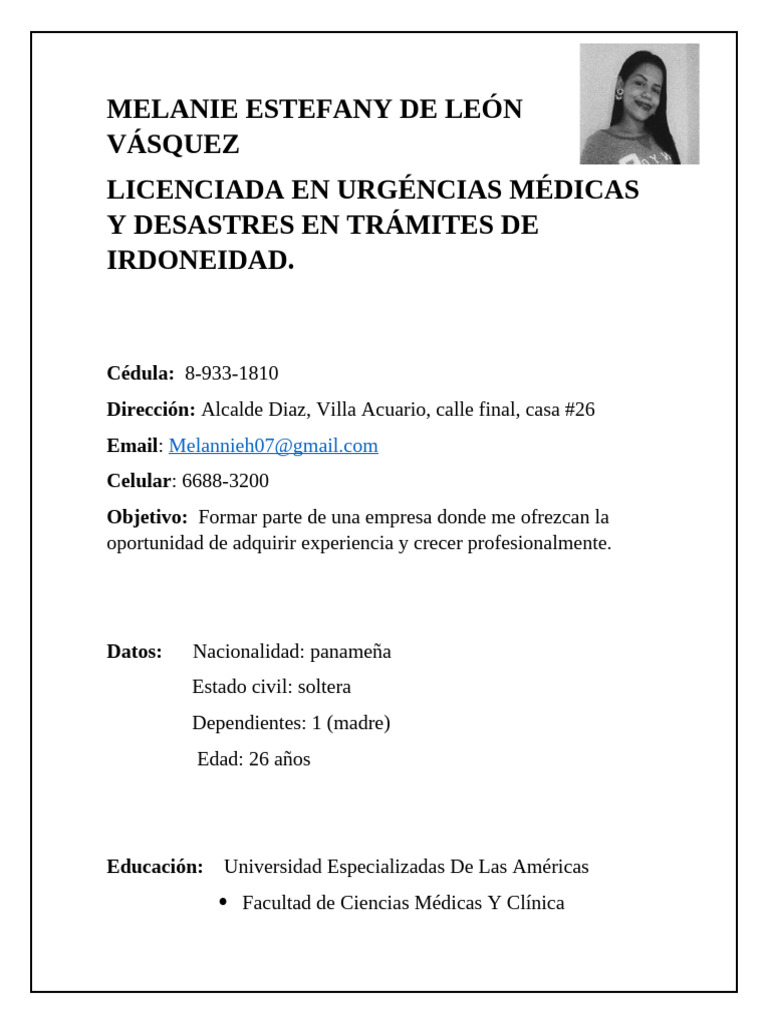 Hoja de Vida Melanie Estefany de León Octubre 2024 | PDF