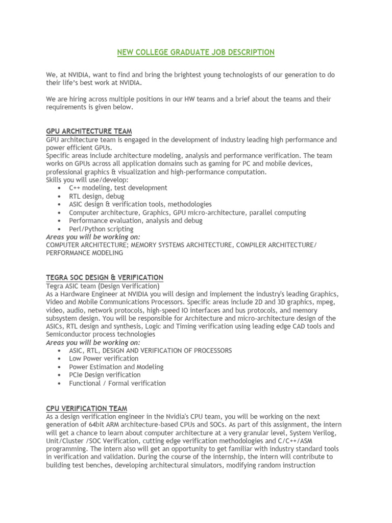 New College Graduate Job Description: Gpu Architecture Team | PDF