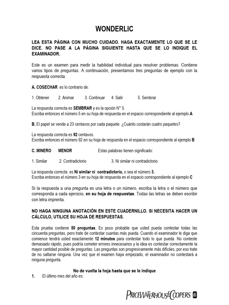 Wonderlic Preguntas | PDF