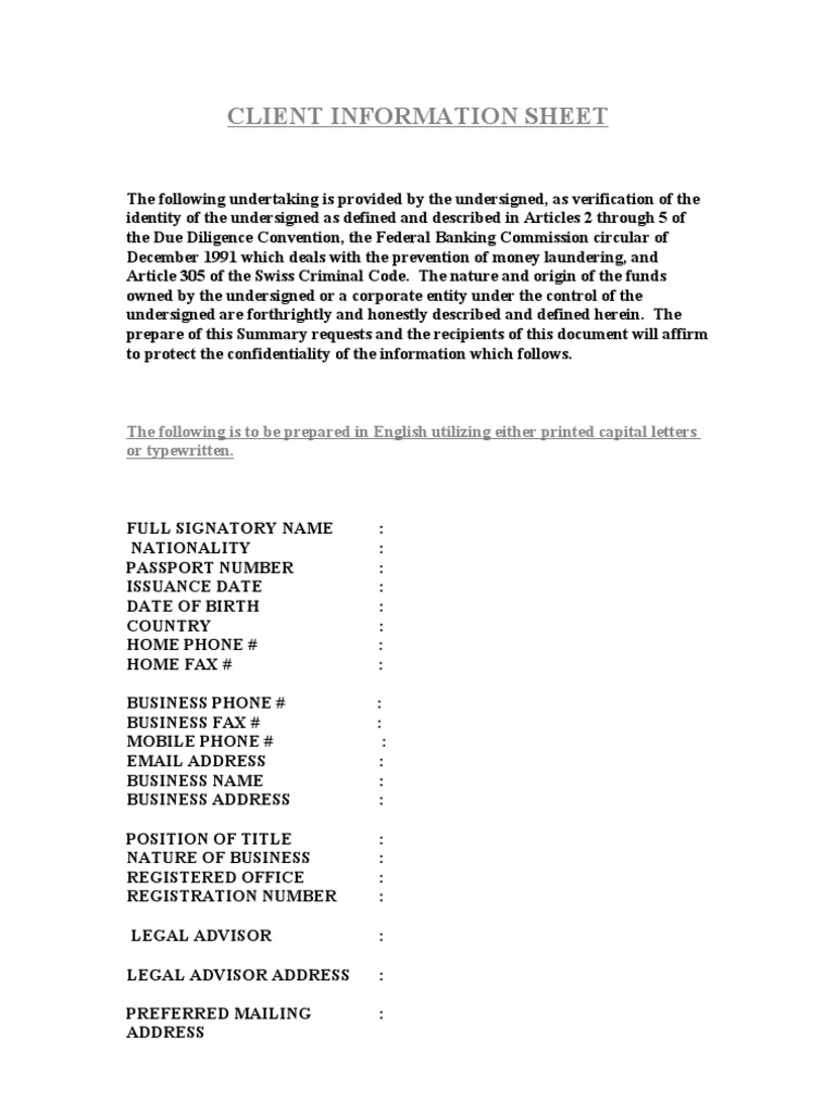 Client Information Sheet for Banking | PDF | Signature | Government And ...