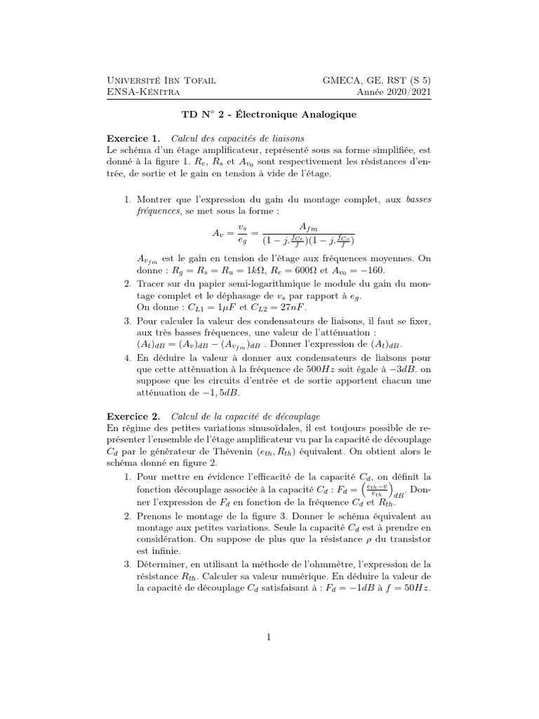 TDN 2 - Électronique Analogique: Université Ibn Tofail ENSA-Kénitra | PDF