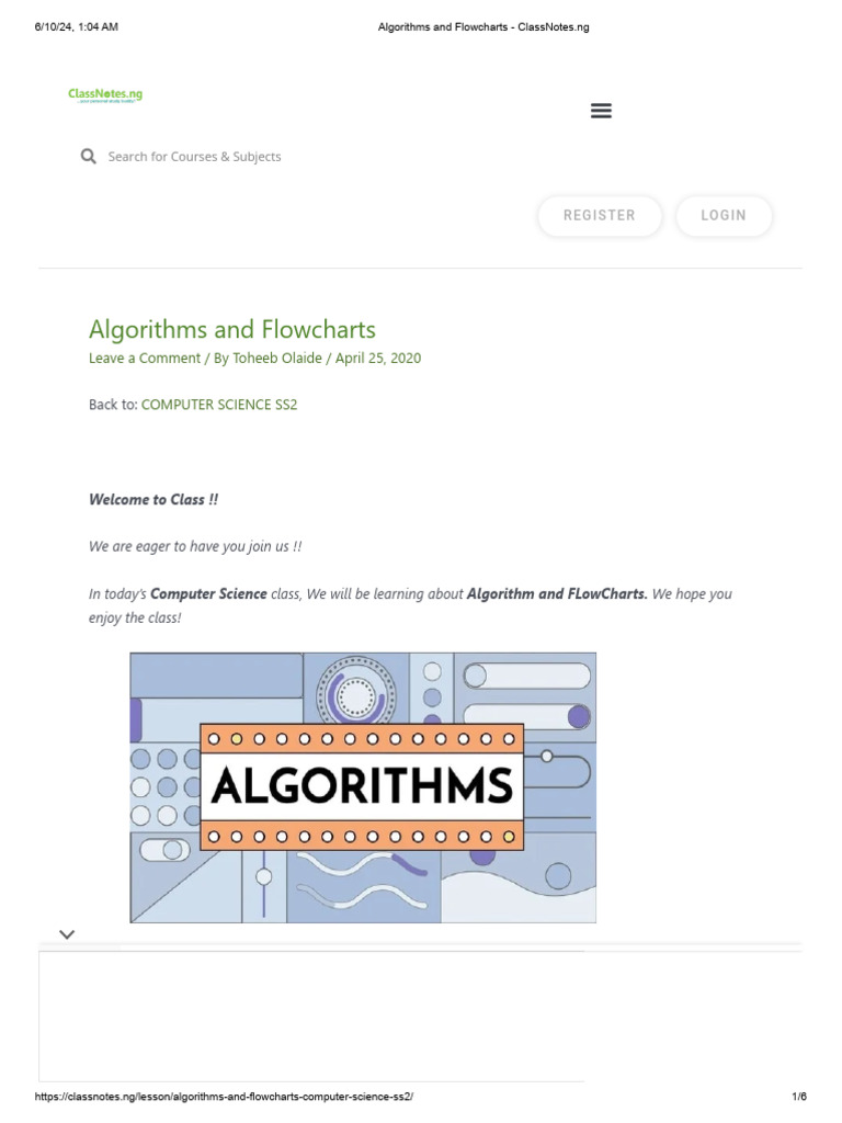 Algorithms and Flowcharts - ClassNotes - NG | PDF
