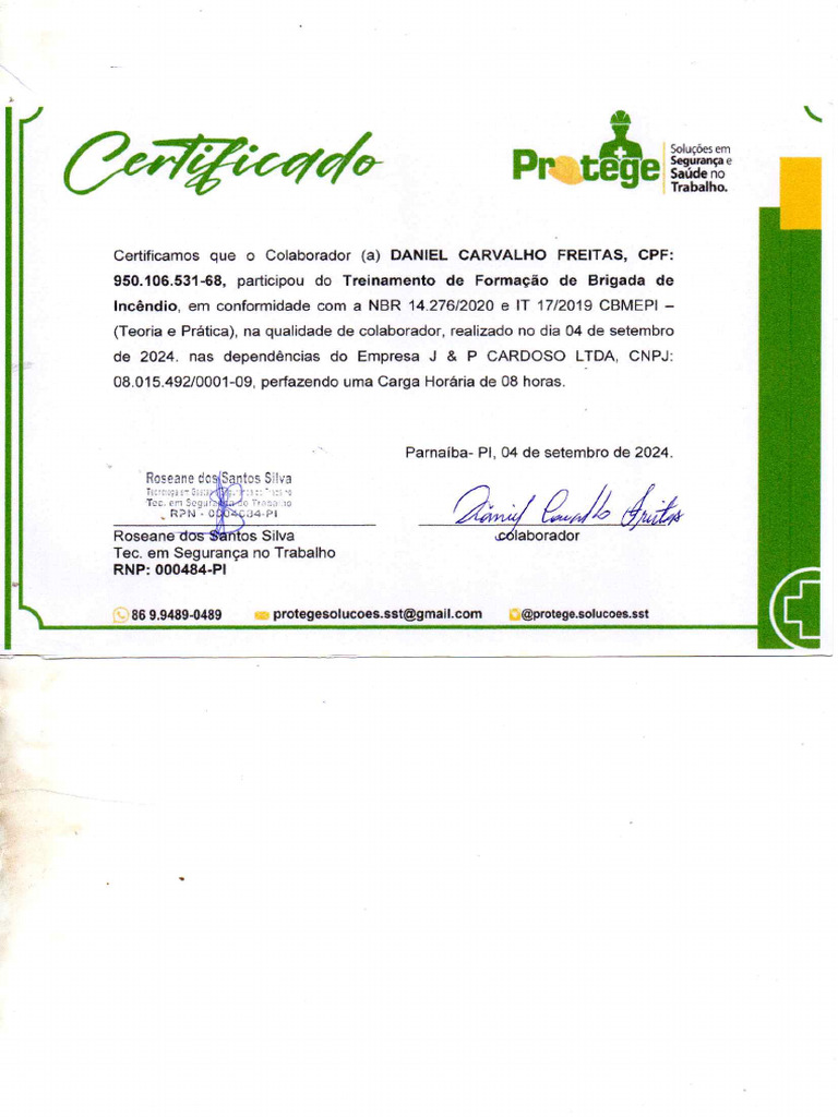 Certificado de Treinamento Daniel Carvalho | PDF