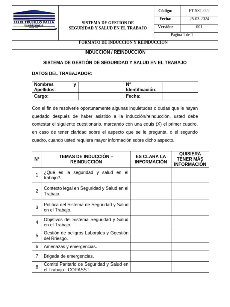 FT-SST-022 Formato de Induccion y Reinduccion | PDF