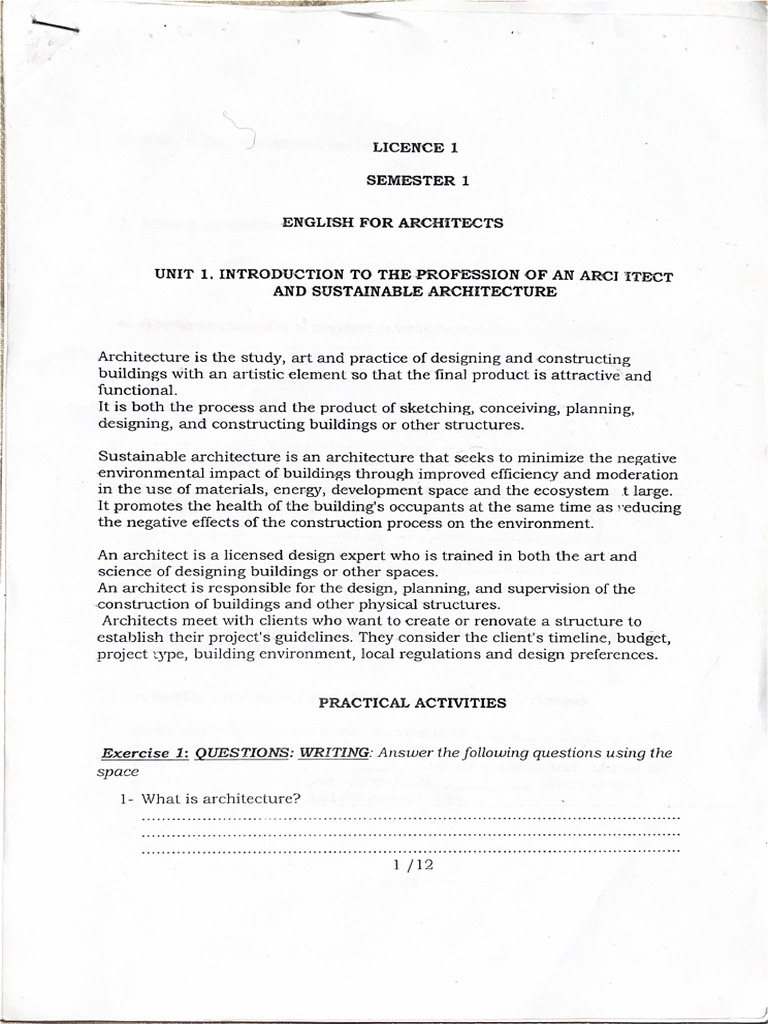 Unit 1. Introduction To The Profession of An Architect and Sustainavle ...