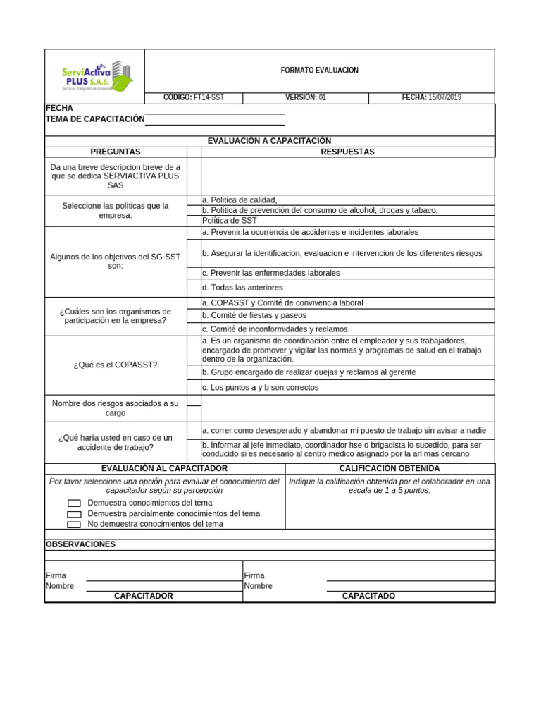 FT14-SST FORMATO EVALUACION DE INDUCCION | PDF