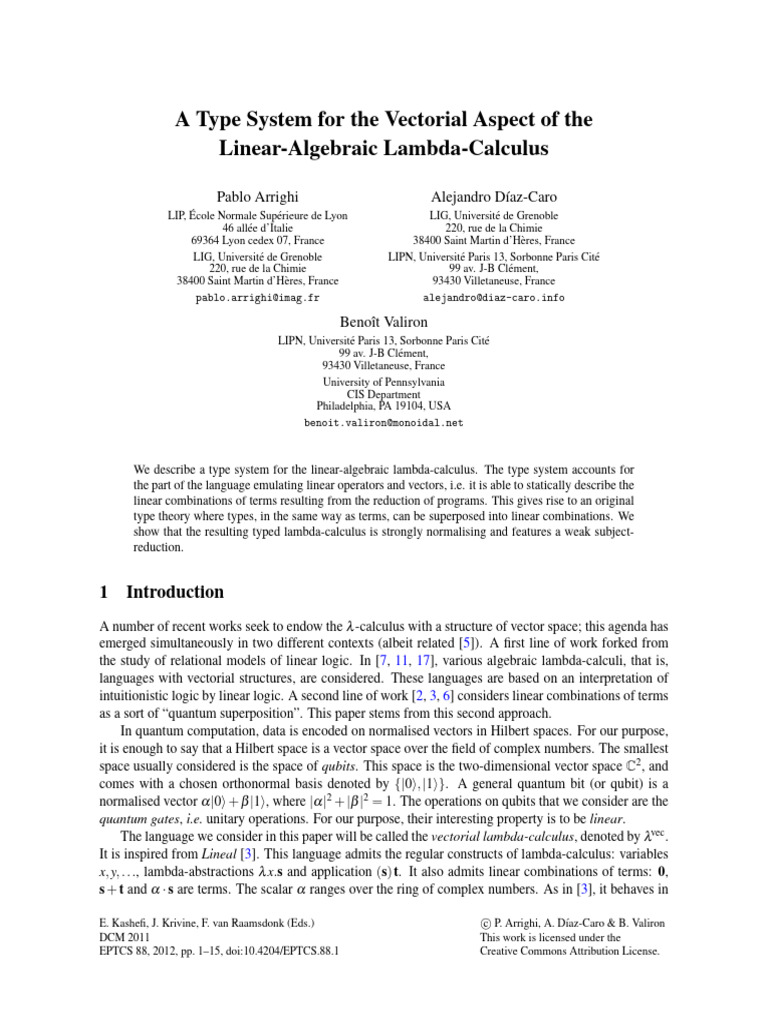A Type System For The Vectorial Aspect of The Linear-Algebraic Lambda-Calculus | PDF