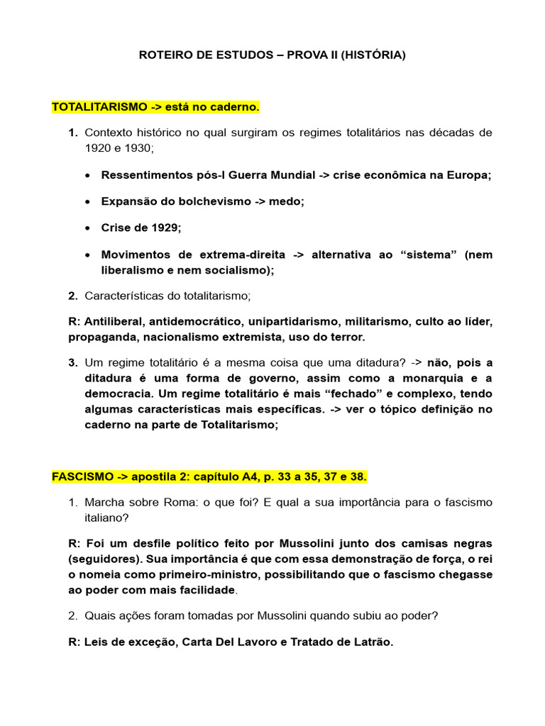 ROTEIRO DE ESTUDOS - Prova II (9Â° Anos) - Respostas | PDF
