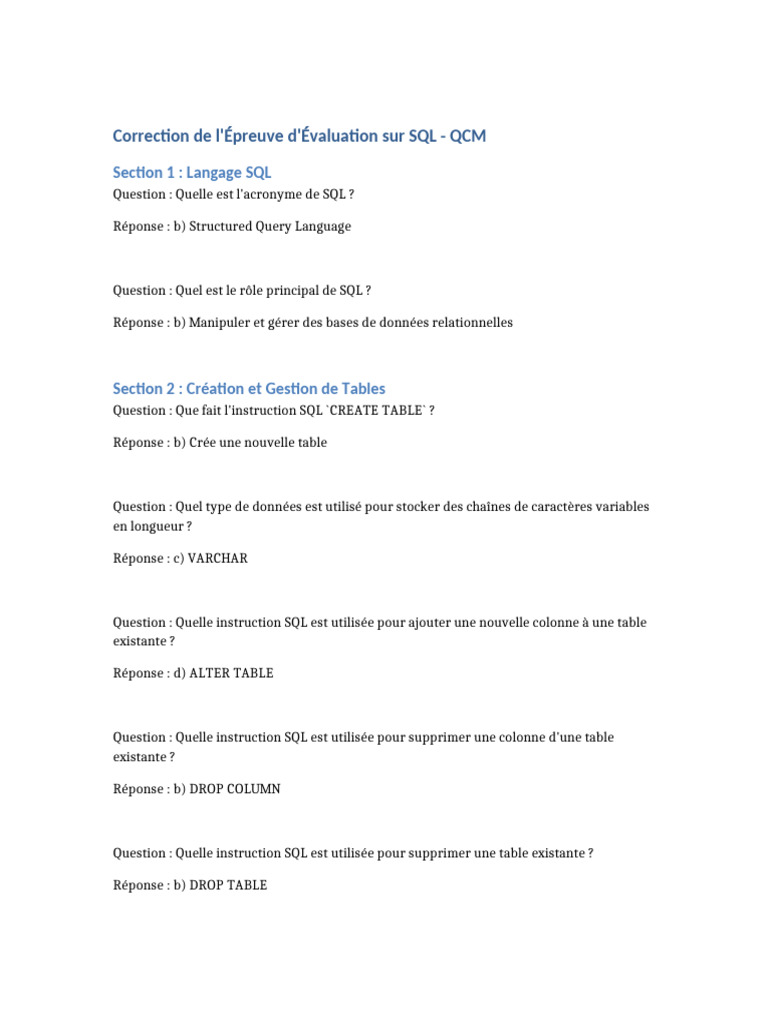 Correction Epreuve Evaluation SQL QCM | PDF