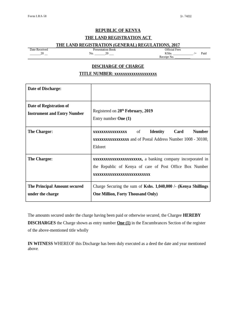 Discharge of Charge Form LRA-58 Kenya | PDF | Government | Law