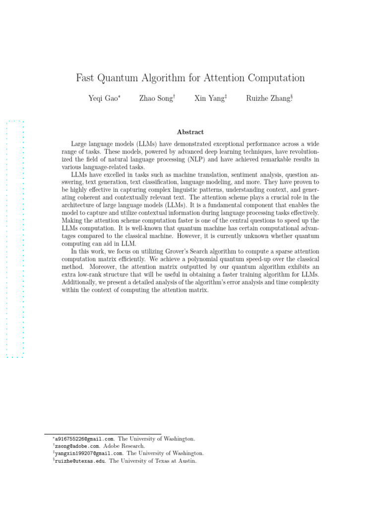 Fast Quantum Algorithm For Attention Computation: Yeqi Gao Zhao Song Xin Yang Ruizhe Zhang | PDF