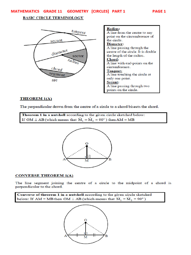 Mathematics Grade 11 Geometry Circles Part 1 | PDF