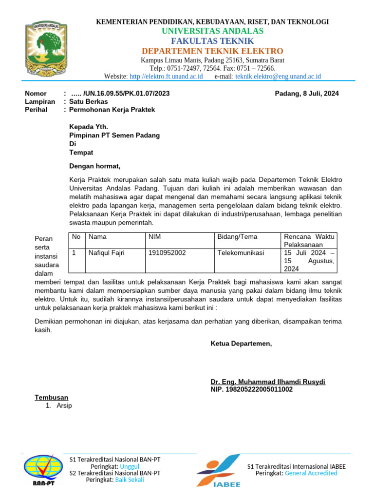 KP - 2. Surat Permohonan Kerja Praktek v.2023 | PDF