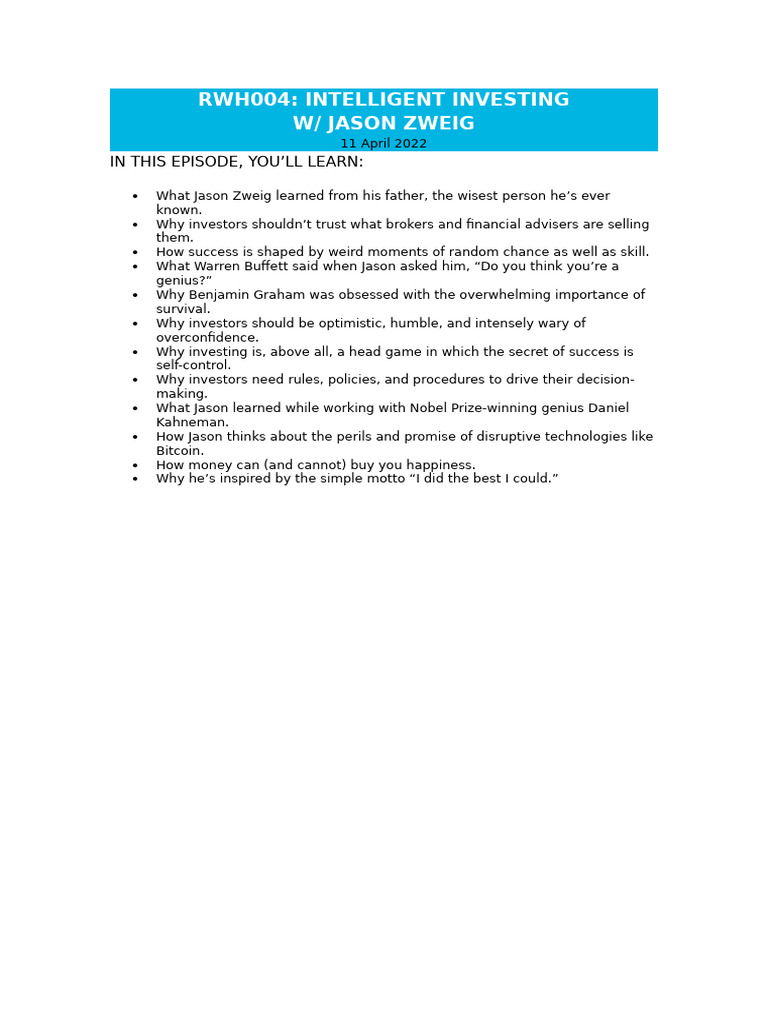 INTELLIGENT INVESTING Jason Sweig | PDF | Investment Management ...