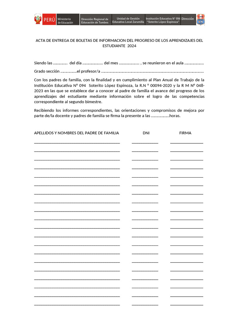 Acta de Entrega de Boletas de Informacion Del Progreso de Los ...