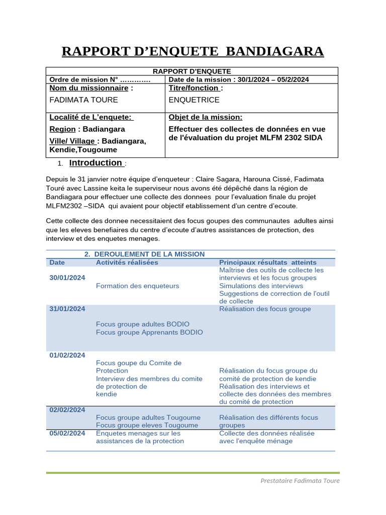 Rapport D'enquete Region de Badiangara | PDF