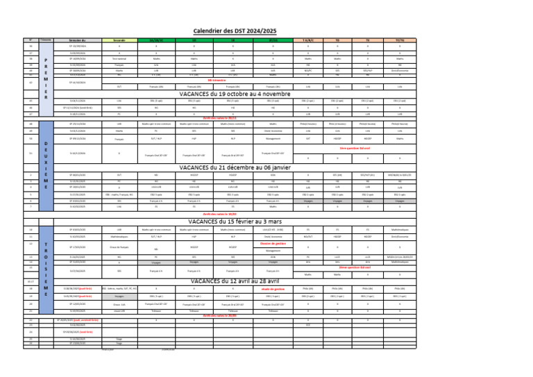 VACANCES Du 19 Octobre Au 4 Novembre: Calendrier Des DST 2024/2025 | PDF