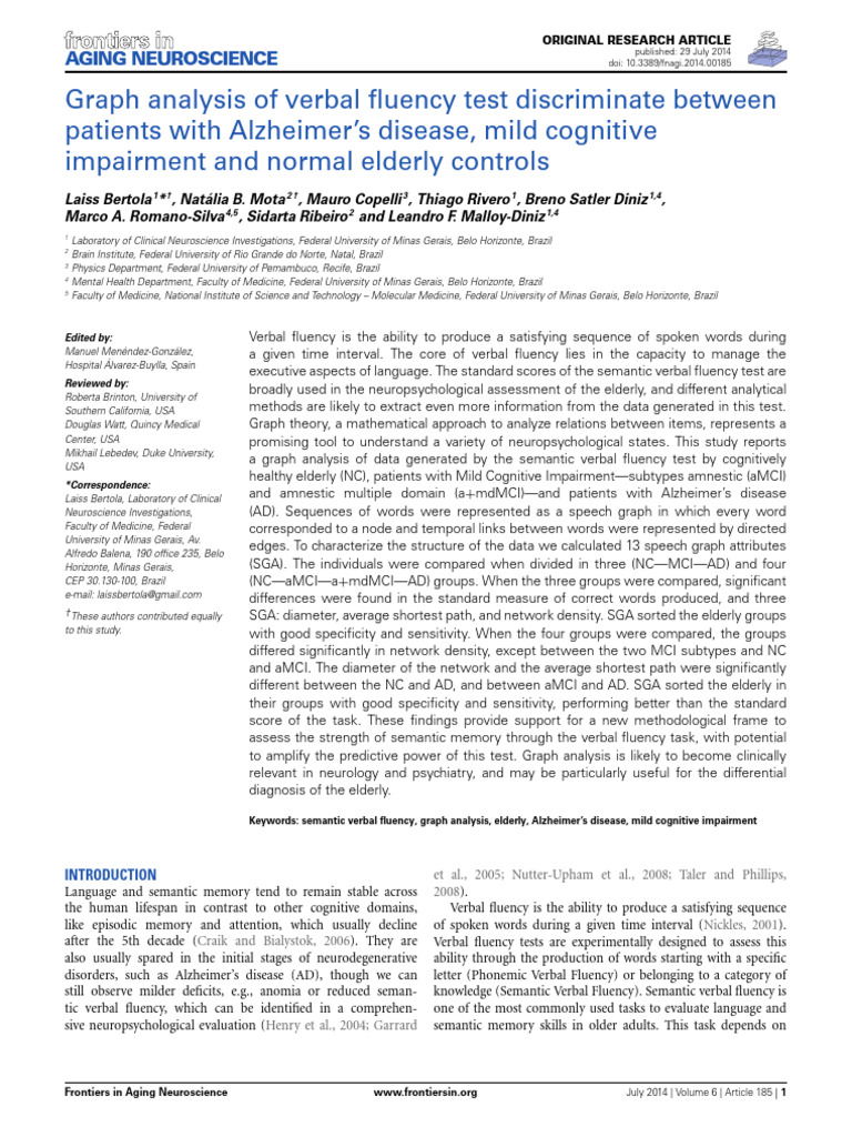 Graph Analysis of Verbal Fluency Test Discriminate Between Patients ...