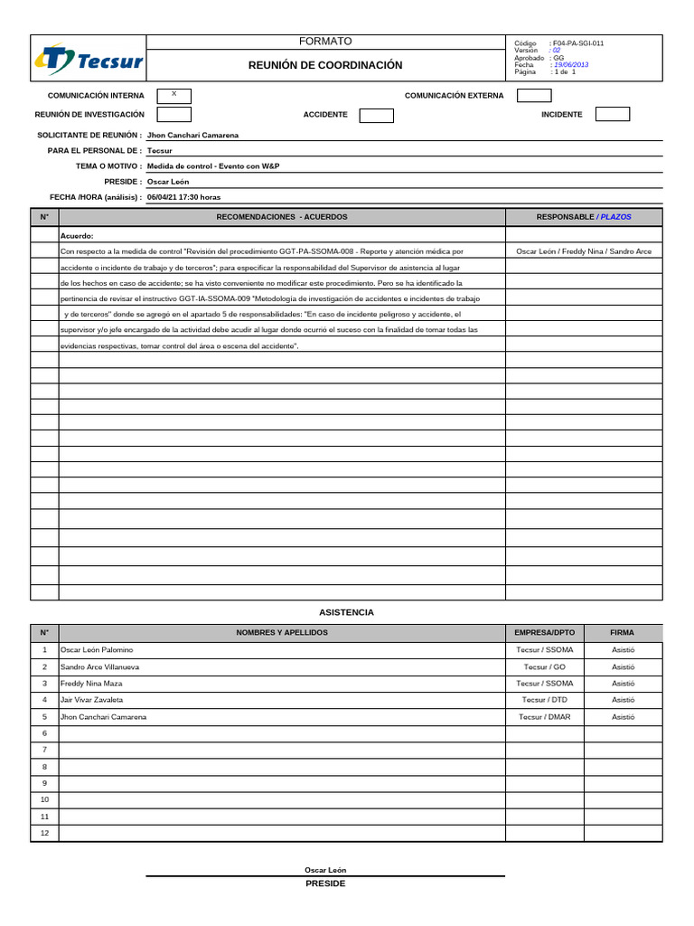 Acta de Reunión - Revisión de Procedimiento | PDF
