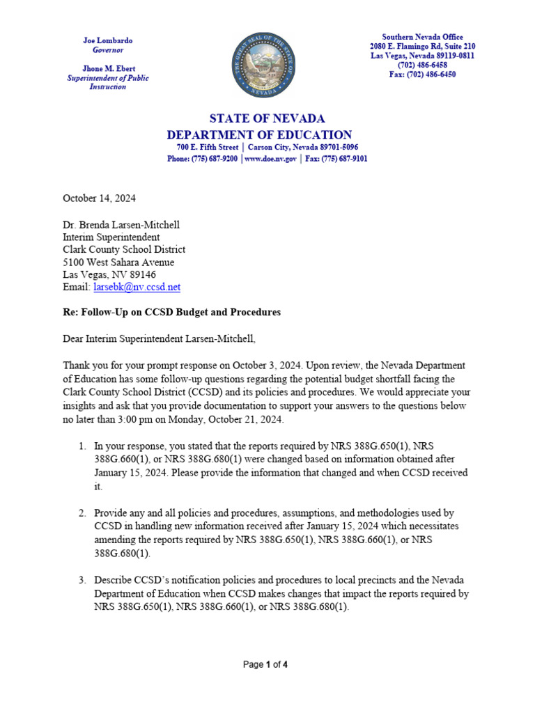 Letter CCSD Budget Shortfall Questions - Oct. 14, 2024 | PDF