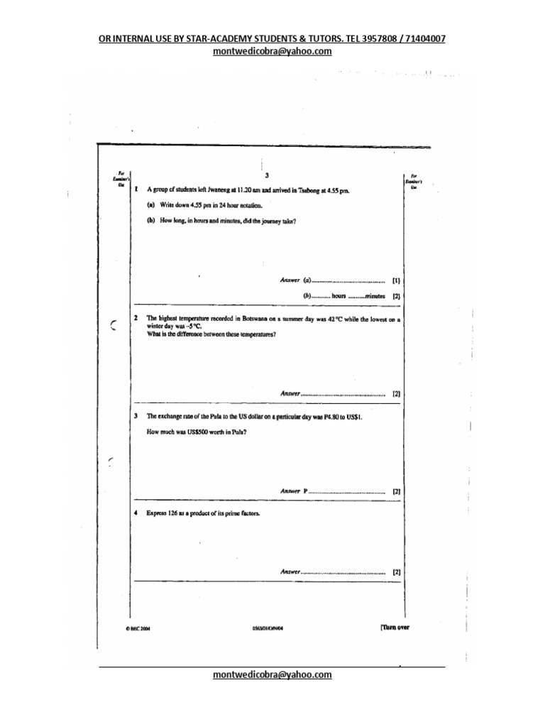 Bgcse Maths Pp1 2004 | PDF